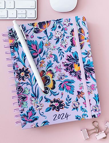 Vera Bradley Hardcover Daily Planner 2023-2024, Spiral Planner Dated August 2023 - December 2024, Medium Size Cute Planner, Weekly Planner with Monthly Calendar, Stickers, & Pockets, Cloud Vine Multi