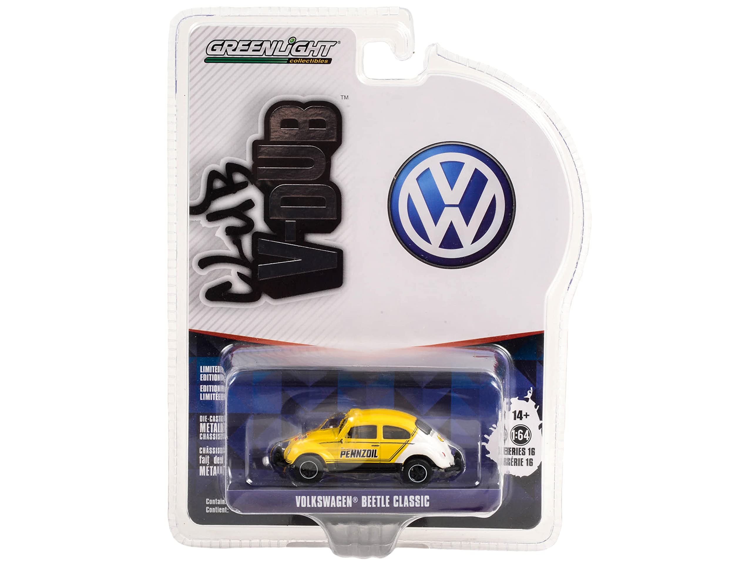 Classic Beetle Yellow and White Pennzoil Racing Club Vee V-Dub Series 16 1/64 Diecast Model Car by Greenlight 36070E