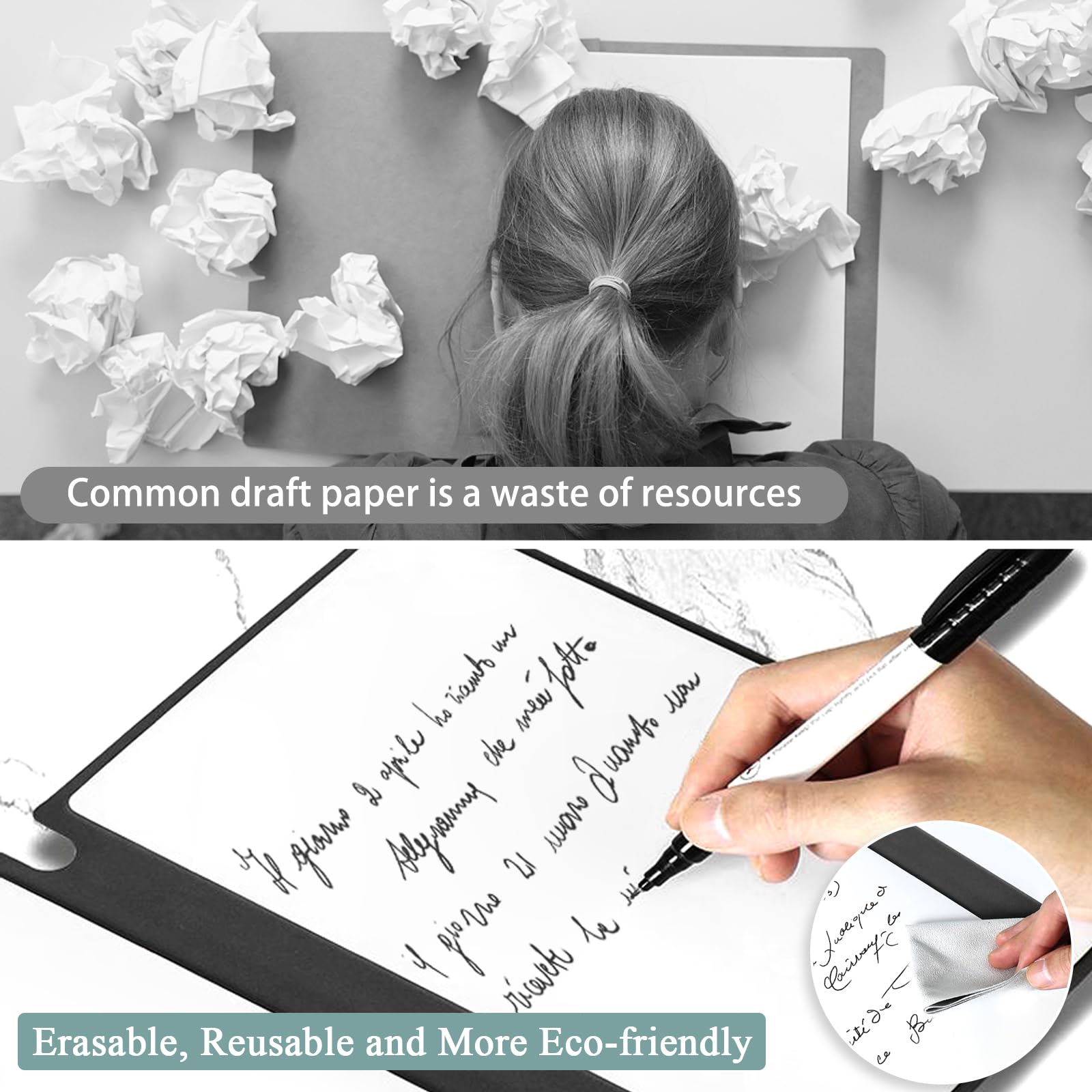 SAYEEC Whiteboard Notebook, Portable Dry Erase Board Fineliner Pens, PU Cover Erasable Handheld White Board Reusable Drawing Notebook Easel Pad for Meeting Business Office School (Blue)