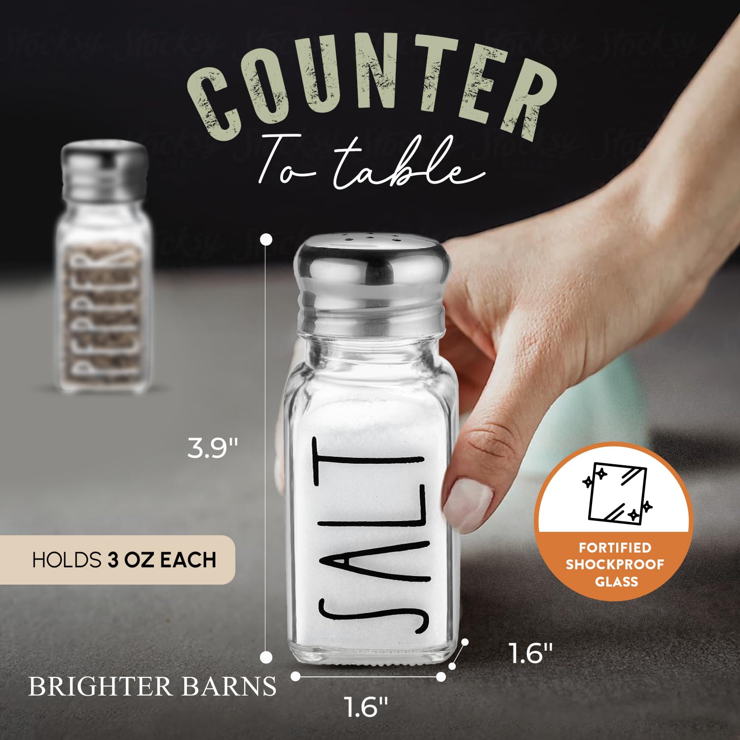 Clear Glass Salt and Pepper Shakers Set by Brighter Barns - Modern Kitchen Decor for Home Restaurant BBQ Camping RV - Farmhouse Kitchen Accessories - Glass Shakers & Stainless Steel Lids (Clear)
