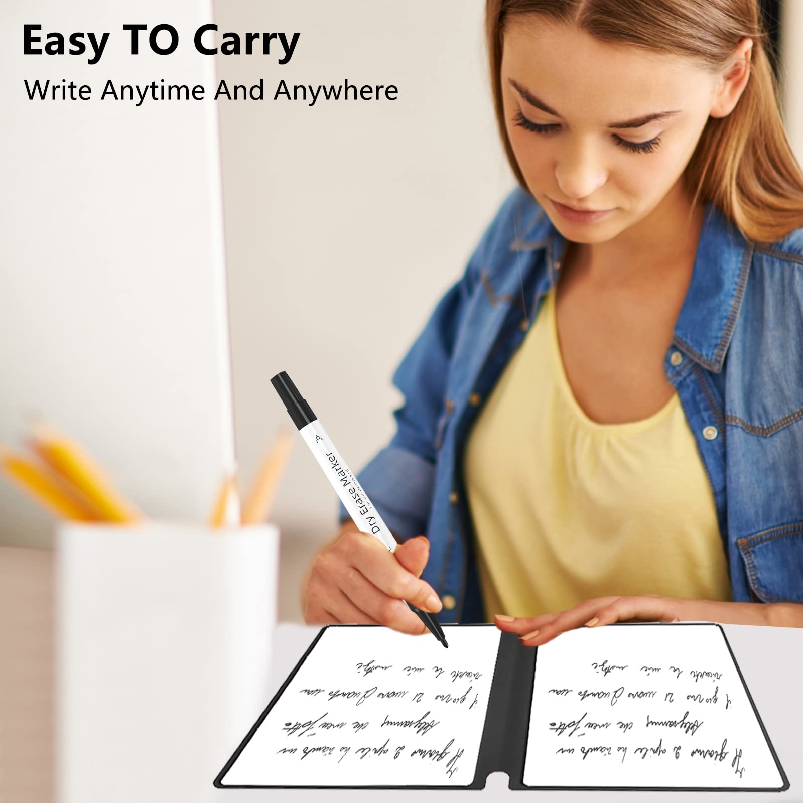SAYEEC Whiteboard Notebook, Portable Dry Erase Board Fineliner Pens, PU Cover Erasable Handheld White Board Reusable Drawing Notebook Easel Pad for Meeting Business Office School (Blue)