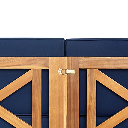 Goohome 5-Piece Wood Furniture Set, L-Shaped Outdoor 3-Seater Sectional Sofa Seating Group ConversationSets with Coffee Table and Water-Resistant, Patio, Backyard, E-Natural Finish+ Blue Cushions