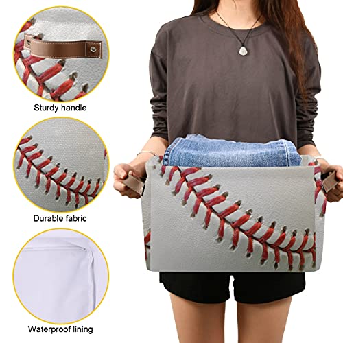 AUUXVA Sport Ball Baseball Storage Bins Basket,Special Baseball Print Collapsible Storage Cube Rectangle Storage Box with Handles for Shelf Closet Nursery Bedroom Home Office 2 Pack