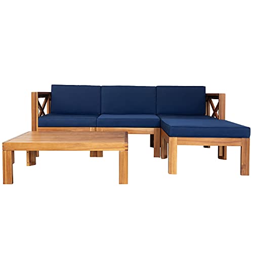 Goohome 5-Piece Wood Furniture Set, L-Shaped Outdoor 3-Seater Sectional Sofa Seating Group ConversationSets with Coffee Table and Water-Resistant, Patio, Backyard, E-Natural Finish+ Blue Cushions
