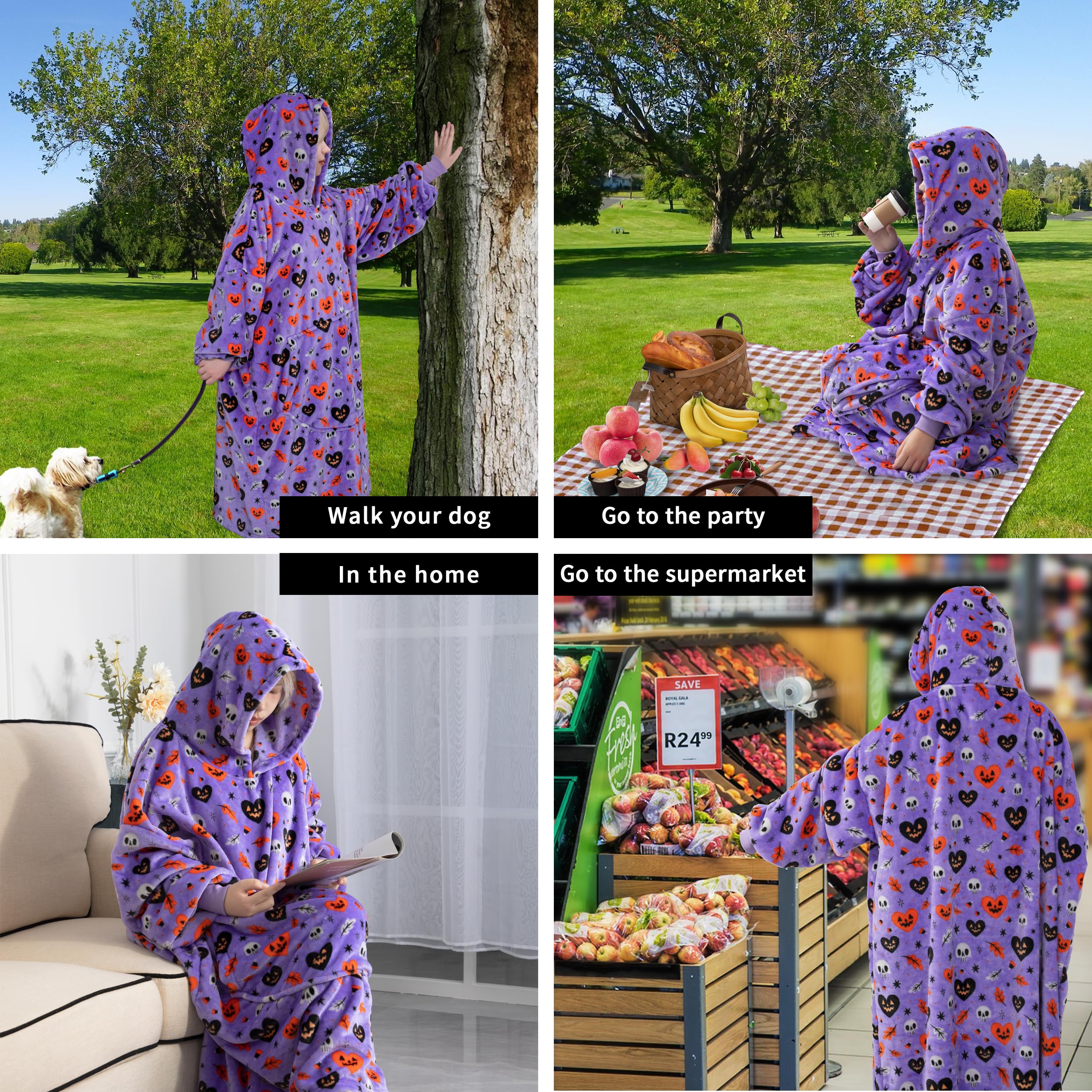 Easy-Going Oversized Flannel Wearable Blanket Hoodie for Adults, One Size Fits All, Purple