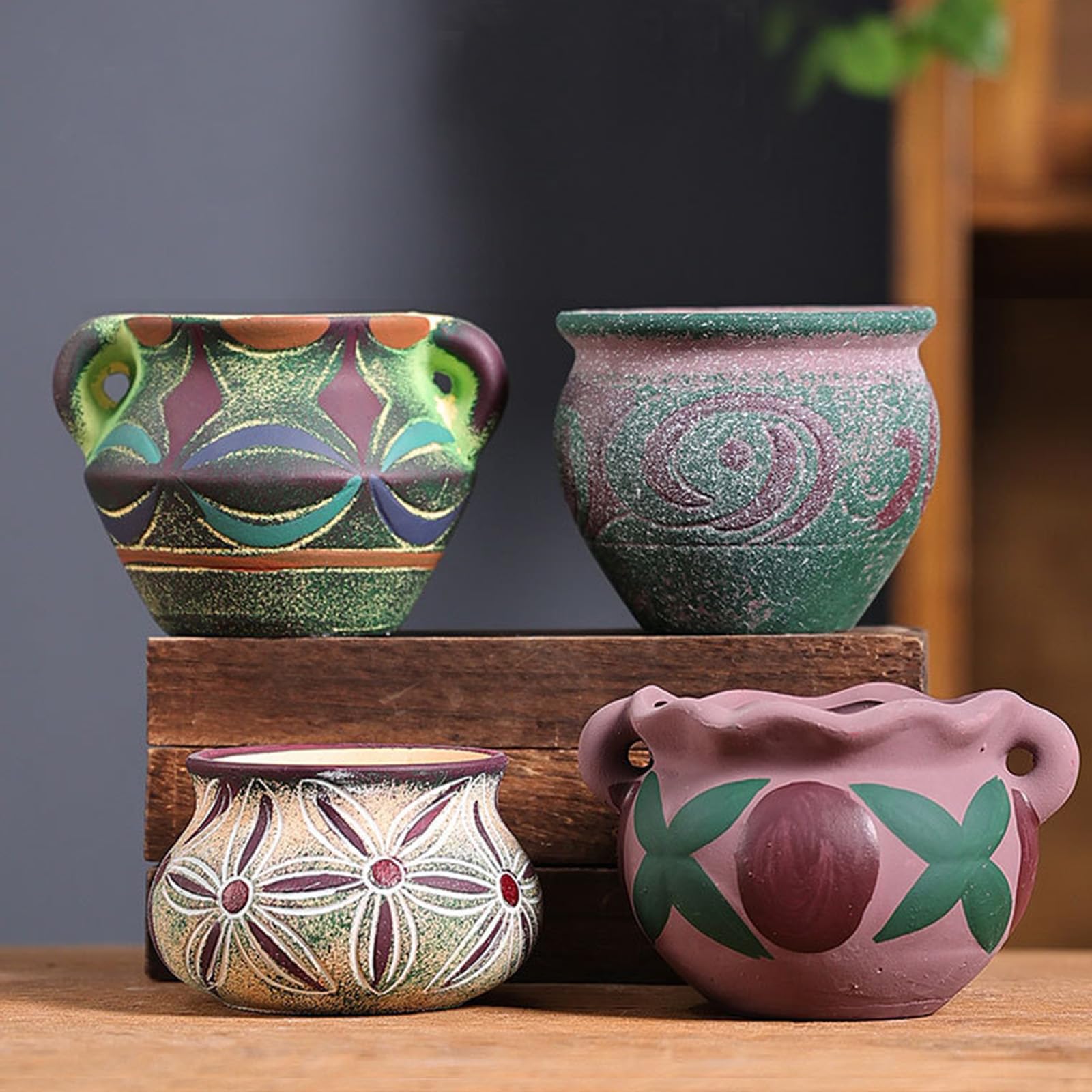 Yuccasly 4 Piece Ceramic Plant Pots Indoor Pots Set with Drainage Holes, Rustic Colorful Decorative Flower Pots for Indoor&Outdoor Little Plants, Cute Cactus/Bonsai Plant Pots
