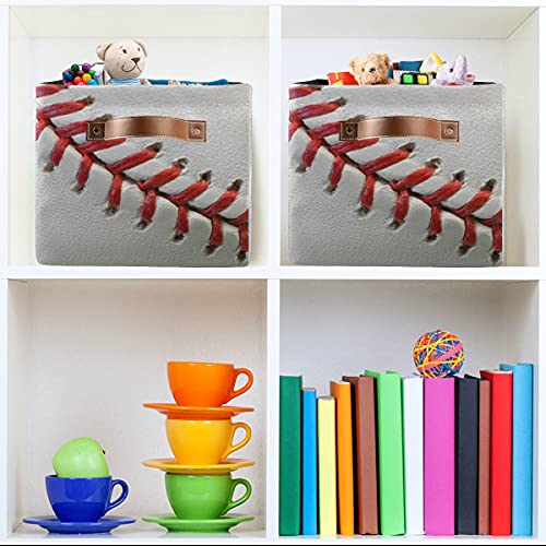 AUUXVA Sport Ball Baseball Storage Bins Basket,Special Baseball Print Collapsible Storage Cube Rectangle Storage Box with Handles for Shelf Closet Nursery Bedroom Home Office 2 Pack