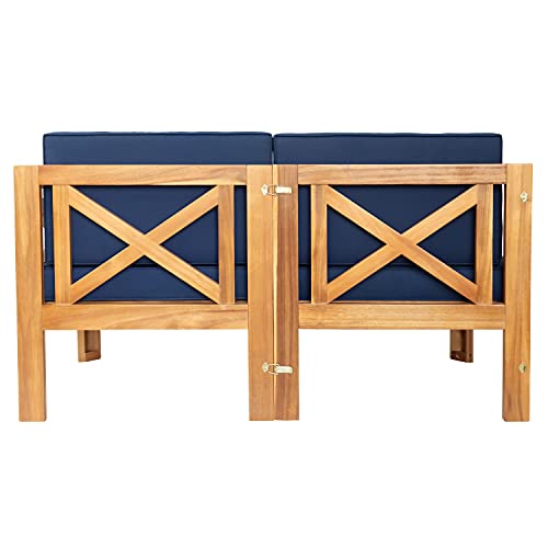 Goohome 5-Piece Wood Furniture Set, L-Shaped Outdoor 3-Seater Sectional Sofa Seating Group ConversationSets with Coffee Table and Water-Resistant, Patio, Backyard, E-Natural Finish+ Blue Cushions