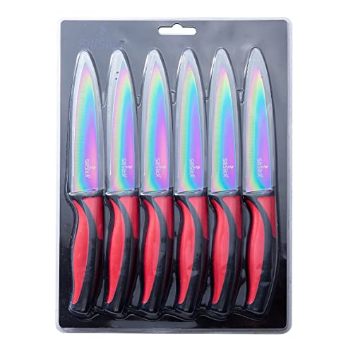 SiliSlick Stainless Steel Steak Knife Set - Titanium Coated Colorful Kitchen Knives with Straight Edge, Smooth & Sharp - Rainbow Iridescent Kitchen Gifts & Accessories