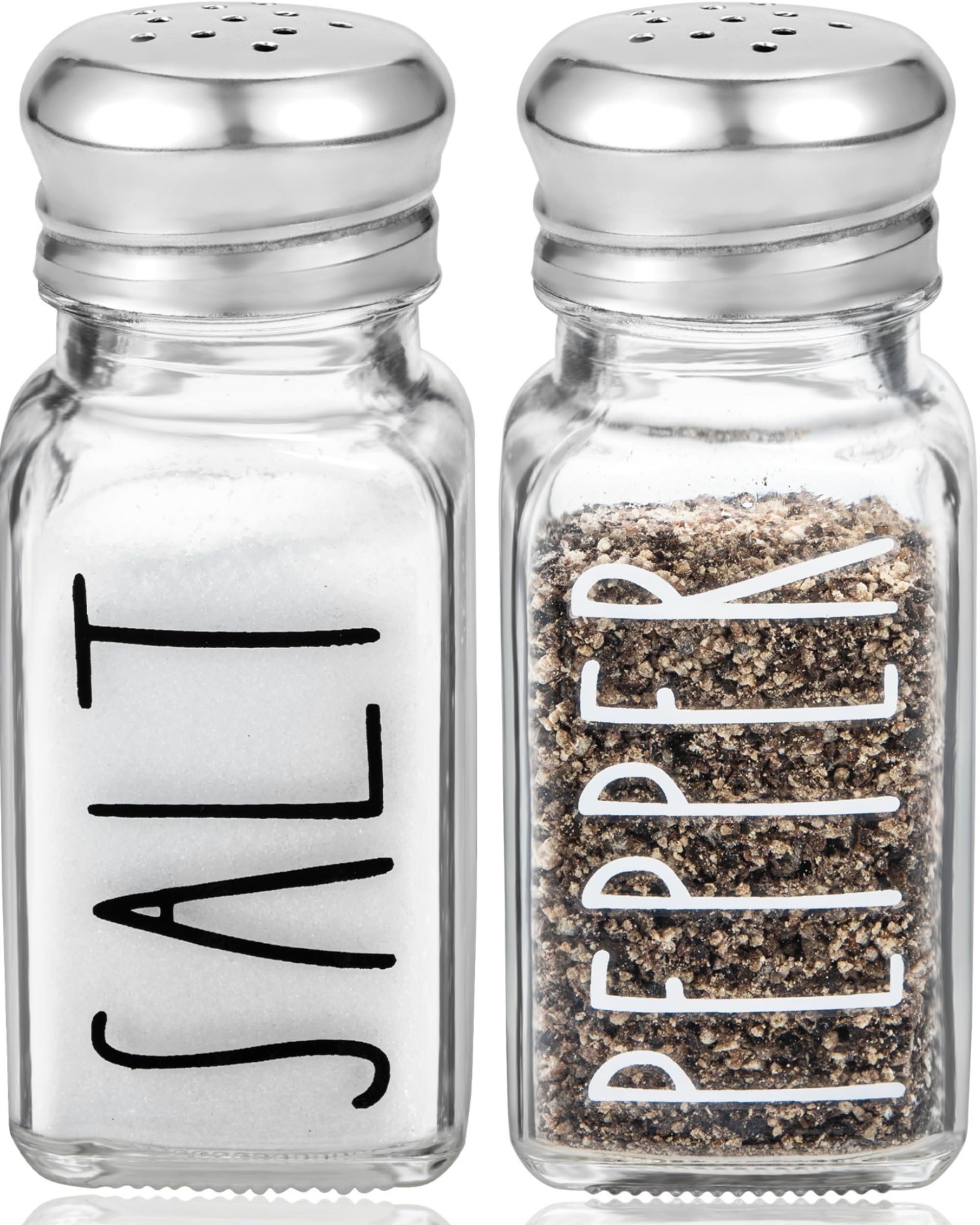 Clear Glass Salt and Pepper Shakers Set by Brighter Barns - Modern Kitchen Decor for Home Restaurant BBQ Camping RV - Farmhouse Kitchen Accessories - Glass Shakers & Stainless Steel Lids (Clear)