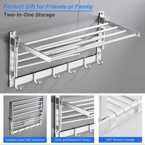 Juselove Wall-Mounted Drying Rack – Drying Rack with Broom Holder and Laundry Bag – Multifunctional Clothing Drying Rack with Swing Arms and Hooks – Space-Saving Laundry Rack for Clothes, Towels
