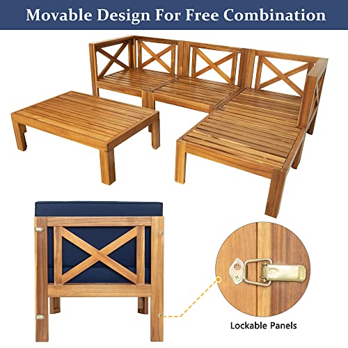 Goohome 5-Piece Wood Furniture Set, L-Shaped Outdoor 3-Seater Sectional Sofa Seating Group ConversationSets with Coffee Table and Water-Resistant, Patio, Backyard, E-Natural Finish+ Blue Cushions