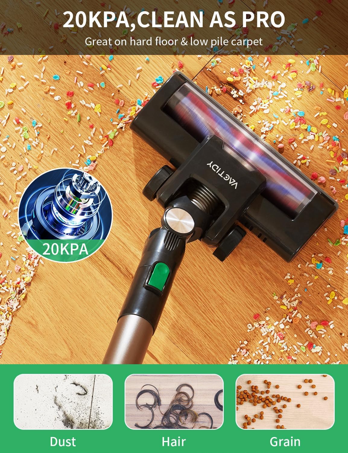 Vactidy Cordless Vacuum Cleaner, 20000Pa Powerful Suction, Rechargeable Battery, 6-in-1 Lightweight Stick Vacuum, Up to 35 Mins Runtime, for Hard Floor Carpet Pet Car Cleaning