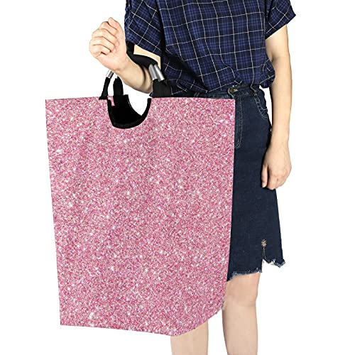 xigua Pink Glitter Texture Laundry Basket Large Laundry Hamper Foldable Dirty Clothes Toys Organizer Bag with Handles for Bathroom,Bedroom,College Dorm,Kids Room