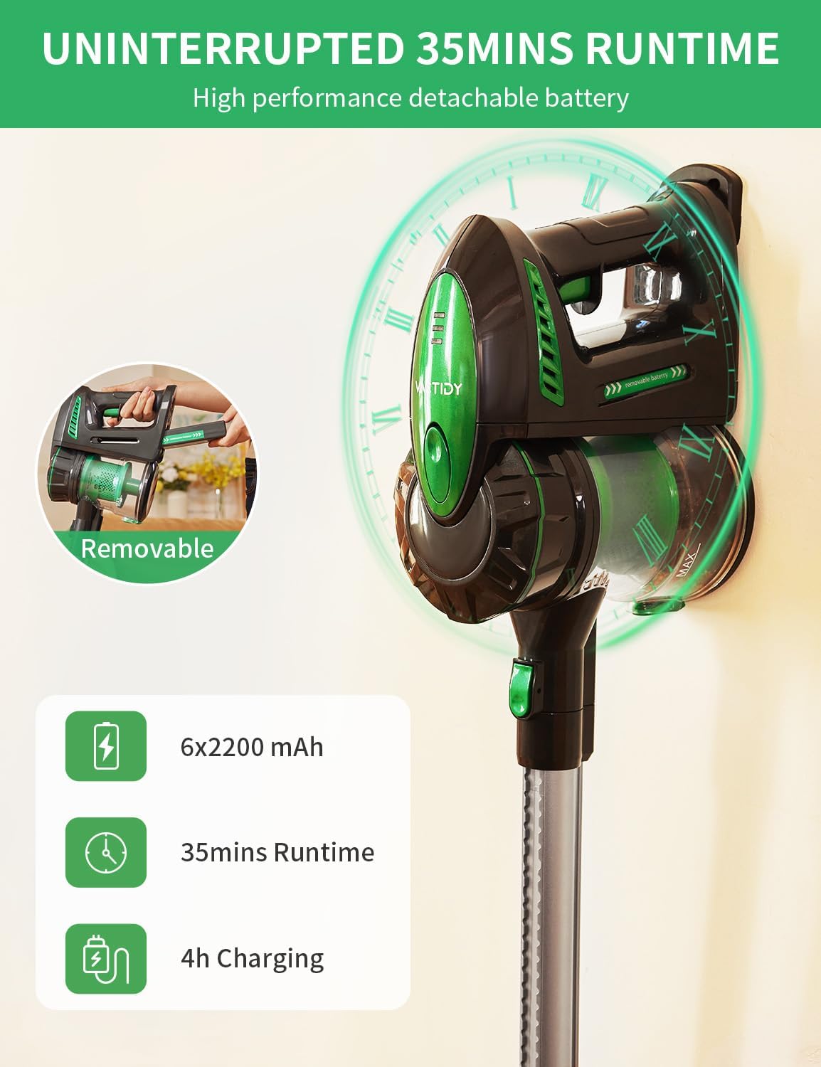 Vactidy Cordless Vacuum Cleaner, 20000Pa Powerful Suction, Rechargeable Battery, 6-in-1 Lightweight Stick Vacuum, Up to 35 Mins Runtime, for Hard Floor Carpet Pet Car Cleaning