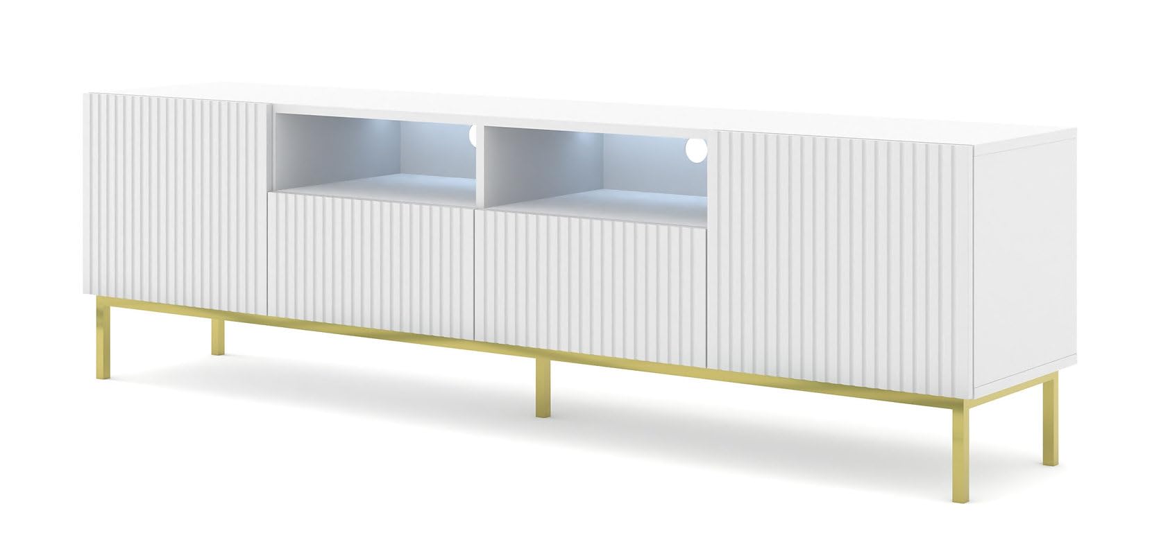 Homlando Ravenna B TV Stand 79" – Lowboard TV Cabinet – Gaming Center for TVs Up to 85” – LED TV Unit - TV Entertainment – Center with Storage for Living Room – White Matte with Gold Legs