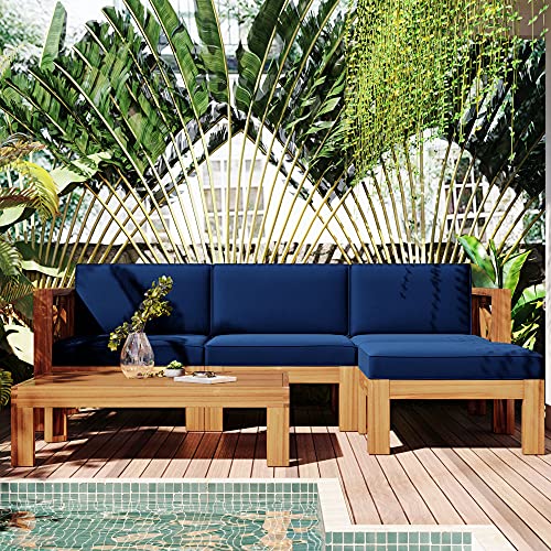 Goohome 5-Piece Wood Furniture Set, L-Shaped Outdoor 3-Seater Sectional Sofa Seating Group ConversationSets with Coffee Table and Water-Resistant, Patio, Backyard, E-Natural Finish+ Blue Cushions