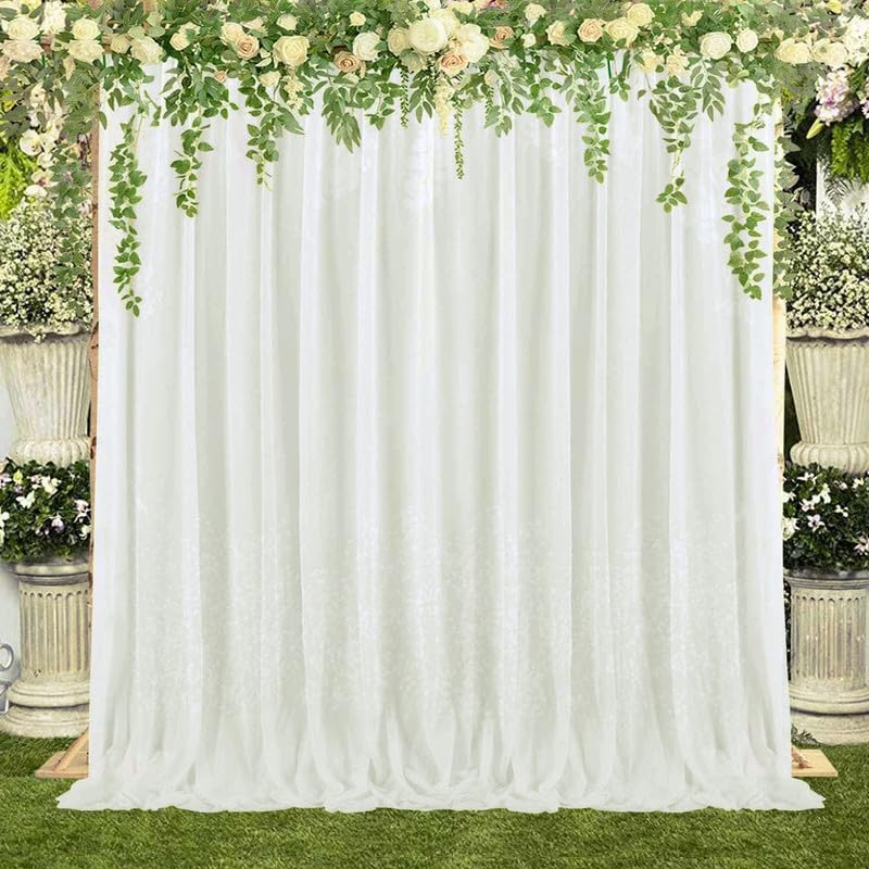 MDS - 2 Panels 5ft x 10ft Chiffon Photo Drapes Two Pages Curtain Voile Sheer Glimmer Wrinkle Free Photography Backdrop Backgrounds for Wedding Arch Ceremony Party Stage Decoration - Ivory