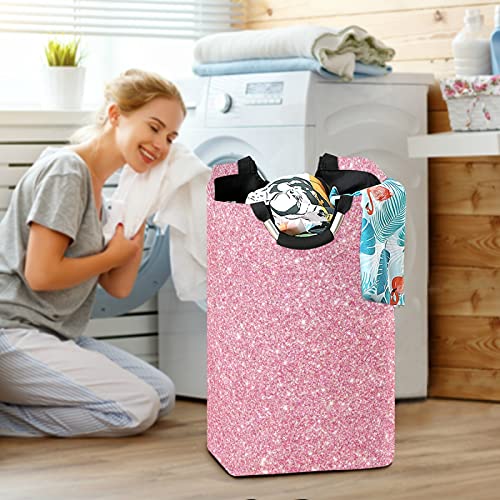 xigua Pink Glitter Texture Laundry Basket Large Laundry Hamper Foldable Dirty Clothes Toys Organizer Bag with Handles for Bathroom,Bedroom,College Dorm,Kids Room