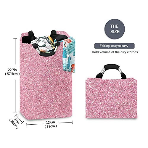 xigua Pink Glitter Texture Laundry Basket Large Laundry Hamper Foldable Dirty Clothes Toys Organizer Bag with Handles for Bathroom,Bedroom,College Dorm,Kids Room