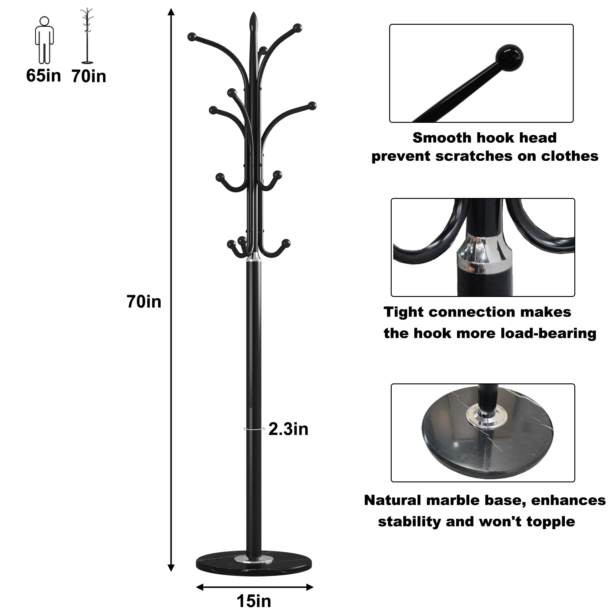 HOMEFORT Metal Coat Rack Stand,Free Standing Hat Hanger with Marble Base,Hall Tree with 12 Hooks for Hanging Hat,Clothes,Bag,Entryway Storage Organizer,Black