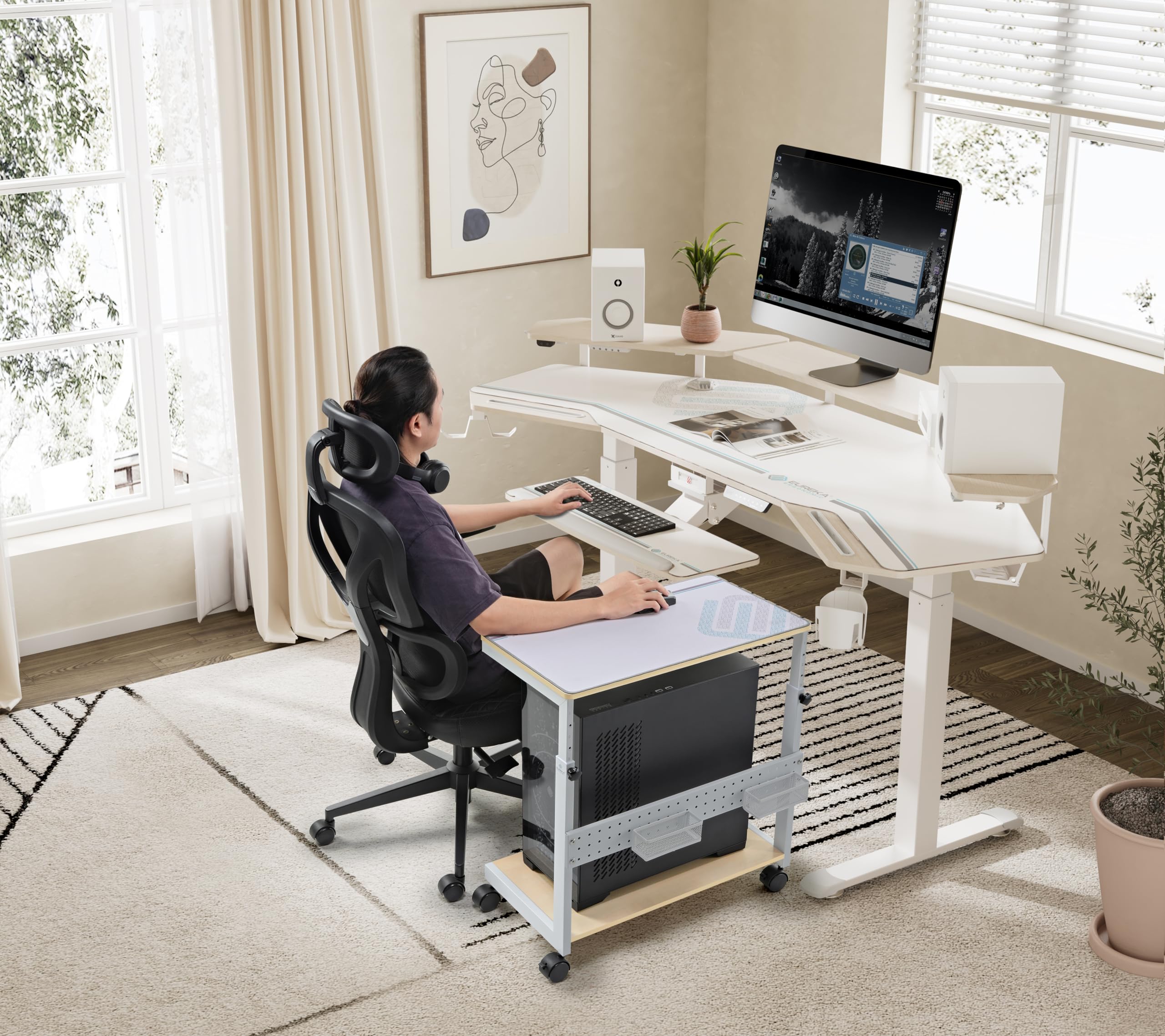 EUREKA ERGONOMIC Computer Tower Stand, Height Adjustable PC Stand,2-Tier ATX-Case CPU Holder Home Office Gaming Accessories with Rolling Wheels & Mouse Pad,Maple