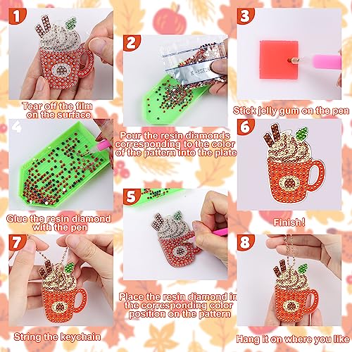 Augisteen 12 Pieces Fall Diamond Painting Keychains Fall Cocoa Diamond Art Key Rings DIY 5D Diamond Ornaments Fall Drinks Coffee Hanging Pendants Double Sided for Autumn Thanksgiving Party Decor