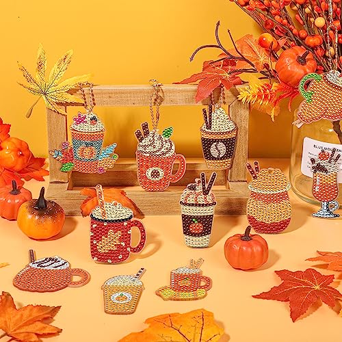 Augisteen 12 Pieces Fall Diamond Painting Keychains Fall Cocoa Diamond Art Key Rings DIY 5D Diamond Ornaments Fall Drinks Coffee Hanging Pendants Double Sided for Autumn Thanksgiving Party Decor