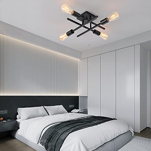 IHENGYANLT2 Pack Industrial 4-Light Semi Flush Mount Ceiling Light Fixture, Modern Sputnik Ceiling Lamp with E26 Base Farmhouse Chandelier Light Matte Black for Kitchen Bedroom Hallway. (2 Pack)