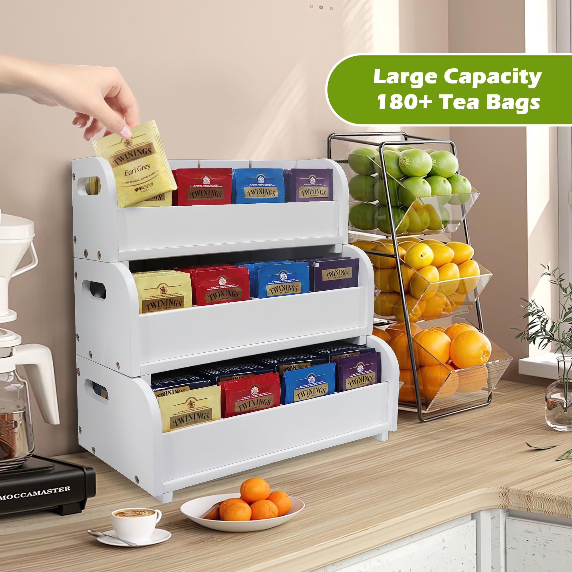 Tea Bag Storage Organizer Box - Bamboo Tea bags Holder 3-Tier Stackable Wall Mount Large Capacity Tea Caddy Containers for Pantry Countertop Kitchen Counter Cabinet Office (White)