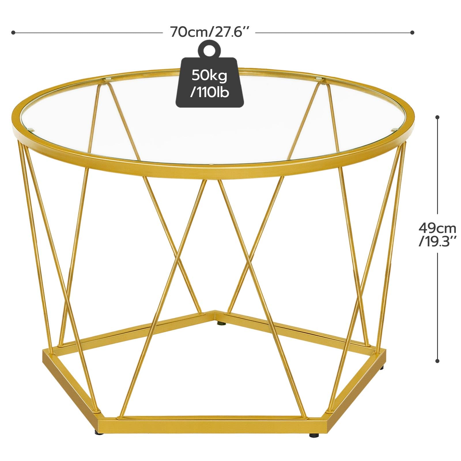 HOOBRO Coffee Table, Gold Glass Coffee Table for Living Room, 27.6" Round Coffee Table, 1 Layer Center Table, Metal Frame, Hexagonal Design, for Small Space, Reception Room, Apartment, Golden GD70KF01