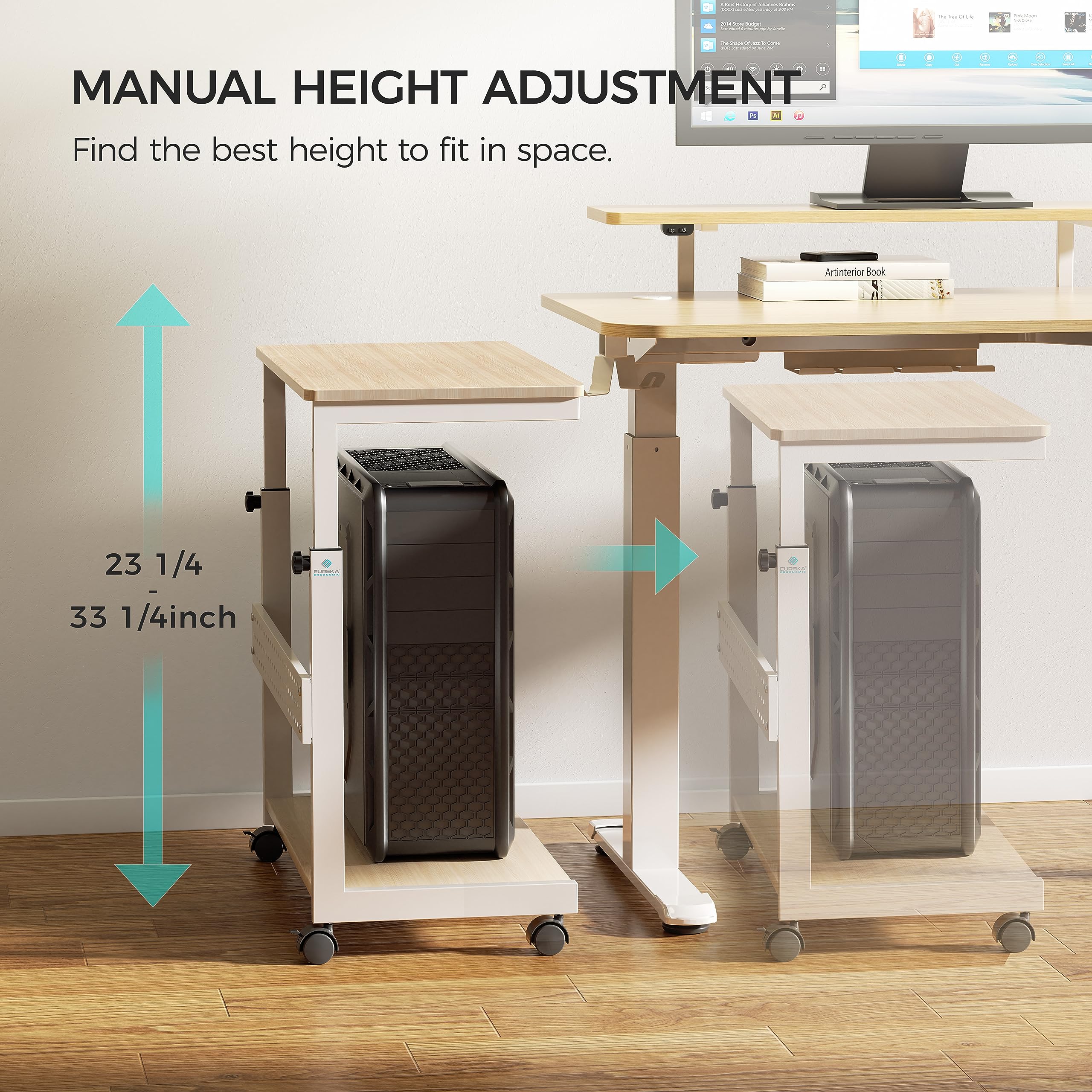 EUREKA ERGONOMIC Computer Tower Stand, Height Adjustable PC Stand,2-Tier ATX-Case CPU Holder Home Office Gaming Accessories with Rolling Wheels & Mouse Pad,Maple