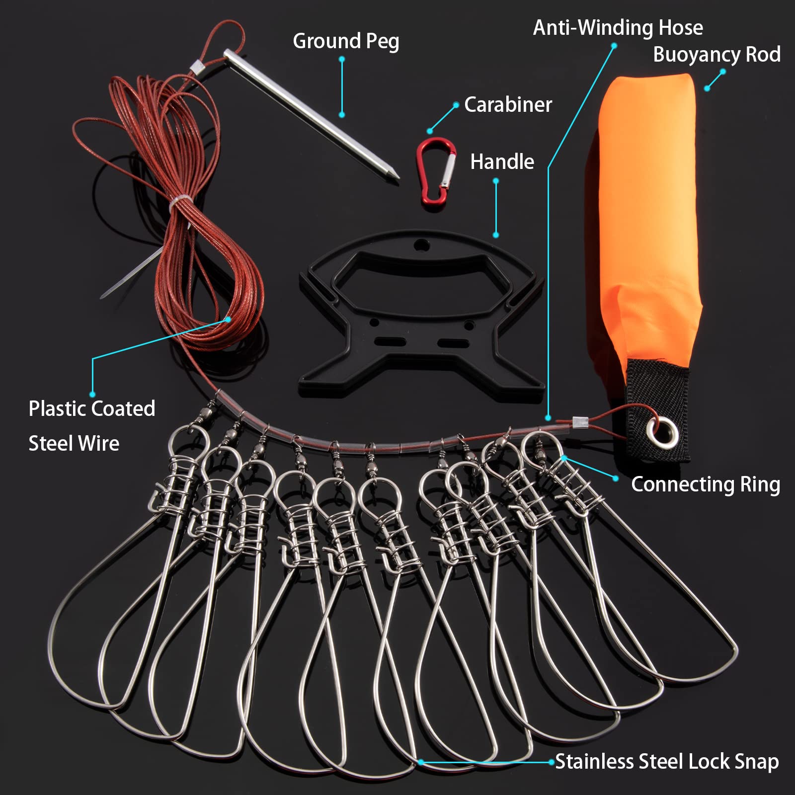 Goture Fishing Stringer Live Fish Lock, Stainless Steel Fish Stringer Clip, Big Fish Wire Rope Cable with Float and Plastic Handle, Fishing Holder Kit with High Strength 10 Snaps/Buckles
