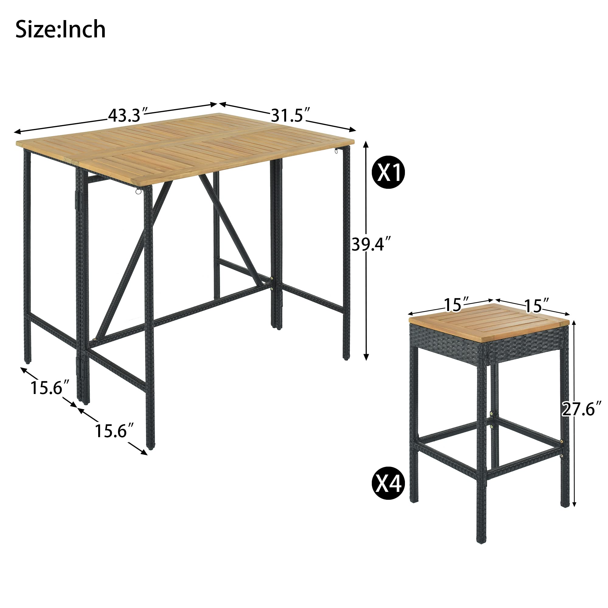 5-Piece Steel Outdoor Patio Wicker Bar Set, Garden PE Rattan Wicker Dining Table, Foldable Tabletop, Acacia Wood Tabletop with 4 Stools and 1 Wood Table. (Brown Wood + Black Wicker#1)