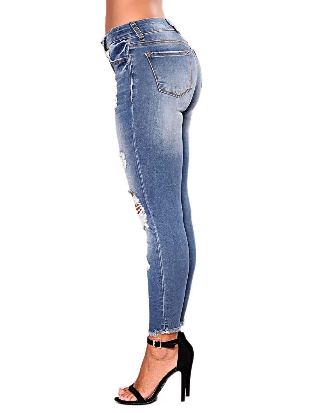 Flamingals Skinny Jeans for Women Mid Rise Stretchy Ripped Jeggings Distressed Sexy Curvy Trendy Denim Jeans Blue M