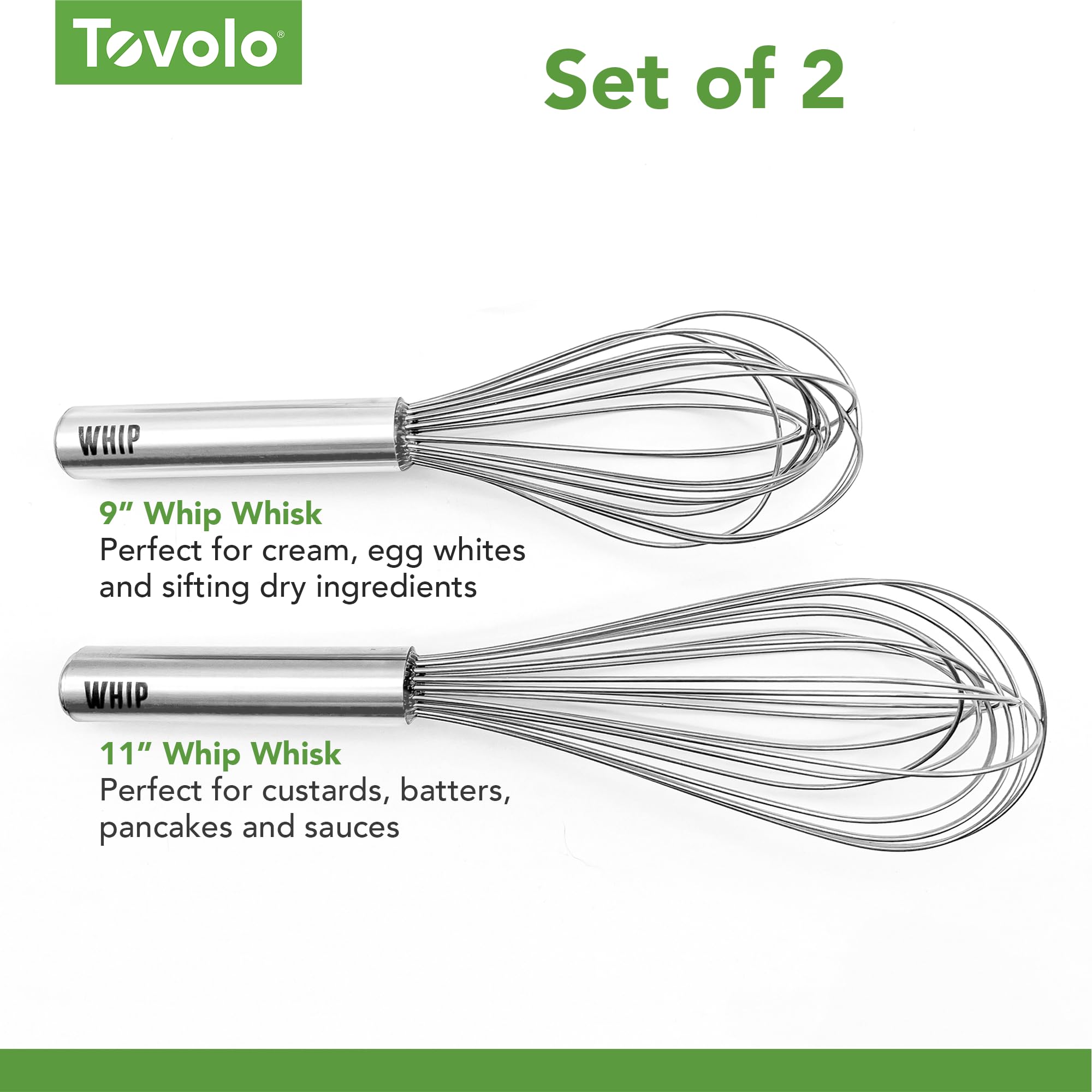 Stainless Steel Whip Whisk Set, 9" & 11" - Kitchen Balloon Whisks for Cooking, Blending, Mixing, Stirring, Whipping & Beating - Whisking Tool as Mixer, Frother & Stirrer - Dishwasher Safe - Set of 2