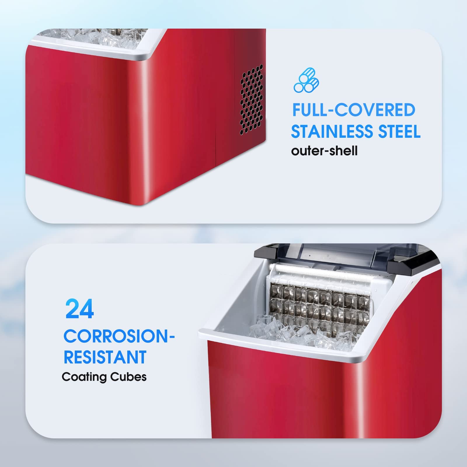 FREE VILLAGE Ice Maker Machine Countertop, 40Lbs/24H, Auto Self-Cleaning, 24pcs Ice Cube in 13 Mins, Portable Compact Ice Cube Maker, with Ice Scoop & Basket, Ideal for Home/Kitchen/Office/Bar, Red