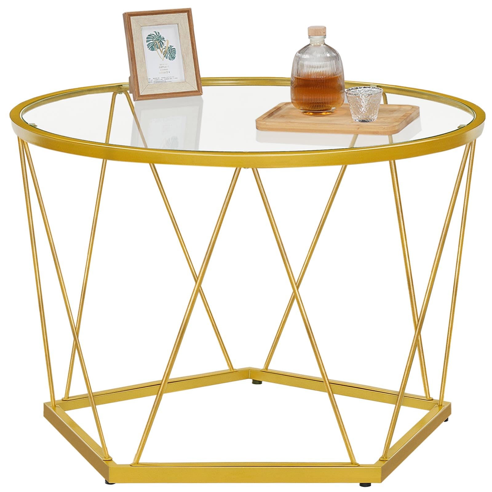 HOOBRO Coffee Table, Gold Glass Coffee Table for Living Room, 27.6" Round Coffee Table, 1 Layer Center Table, Metal Frame, Hexagonal Design, for Small Space, Reception Room, Apartment, Golden GD70KF01