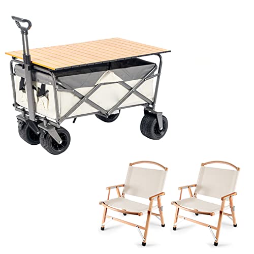 Outdoor Collapsible Wagon Portable Beach Cart,Adjustable Rolling Carts with Big Wheels/Two Chairs/Desktop,for Beach, Shopping (Black) (White)
