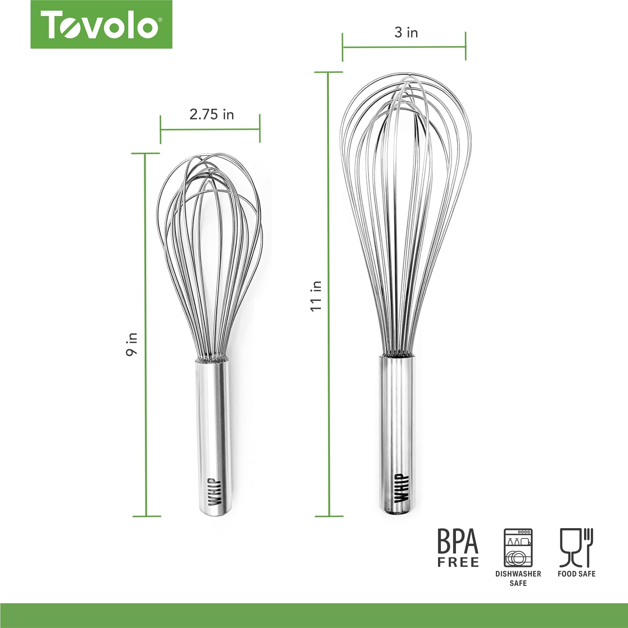 Stainless Steel Whip Whisk Set, 9" & 11" - Kitchen Balloon Whisks for Cooking, Blending, Mixing, Stirring, Whipping & Beating - Whisking Tool as Mixer, Frother & Stirrer - Dishwasher Safe - Set of 2