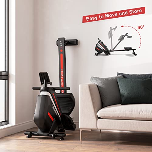 Caromix Rowing Machine Magnetic Row Machine Foldable Rower with 8 Level Adjustable Quiet Magnetic Resistance, Ergonomic Seat & LCD Monitor (Black)