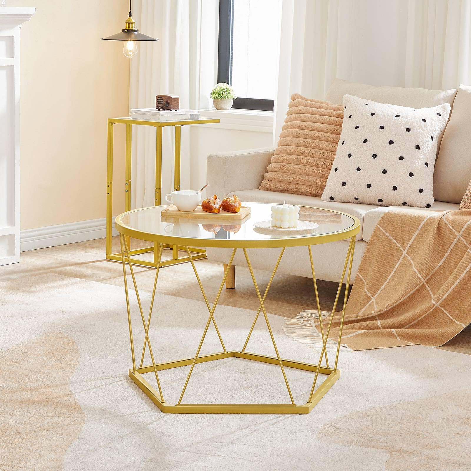 HOOBRO Coffee Table, Gold Glass Coffee Table for Living Room, 27.6" Round Coffee Table, 1 Layer Center Table, Metal Frame, Hexagonal Design, for Small Space, Reception Room, Apartment, Golden GD70KF01