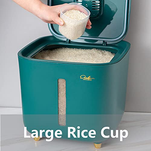 HOMHOLDON 22 Lbs Rice Dispenser, Large Sealed Grain Storage Container with Measuring Cup Food Dispenser Kitchen Organizer Storage bins for Rice,Beans,Grains,Cereal Dry Food,Pet Food(White&Gold)
