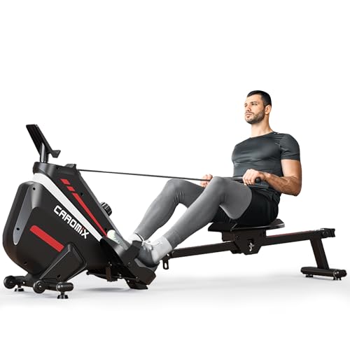 Caromix Rowing Machine Magnetic Row Machine Foldable Rower with 8 Level Adjustable Quiet Magnetic Resistance, Ergonomic Seat & LCD Monitor (Black)