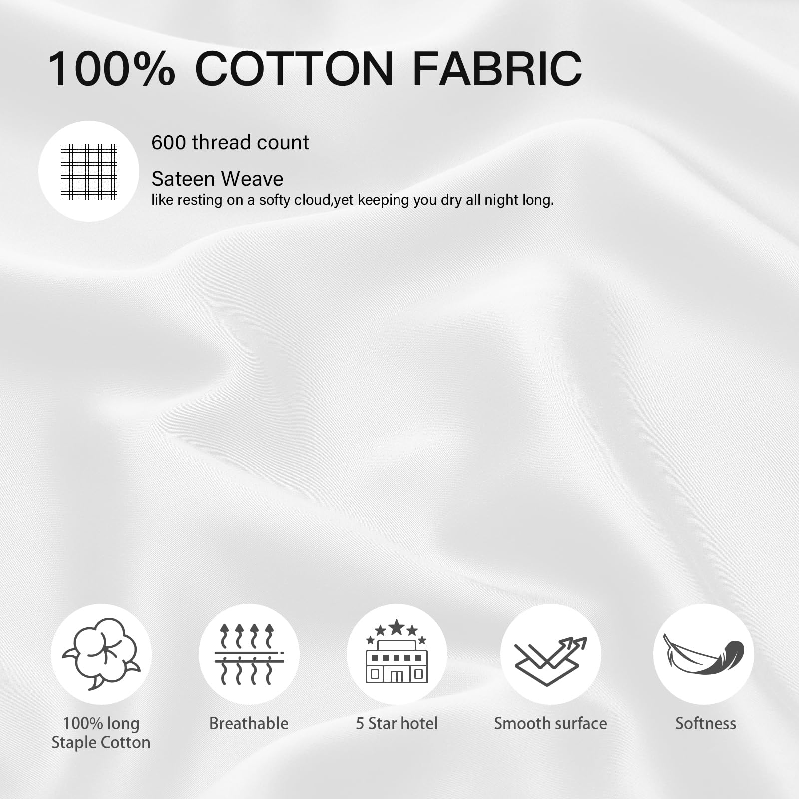 Deep Dream 100% Cotton Pillow Cases Standard Size Set of 2, Luxuriously Soft Hotel Quality 600 Thread Count, Cotton Pillowcases Standard with Envelop Closure, 20x26 Inches(Pure White)