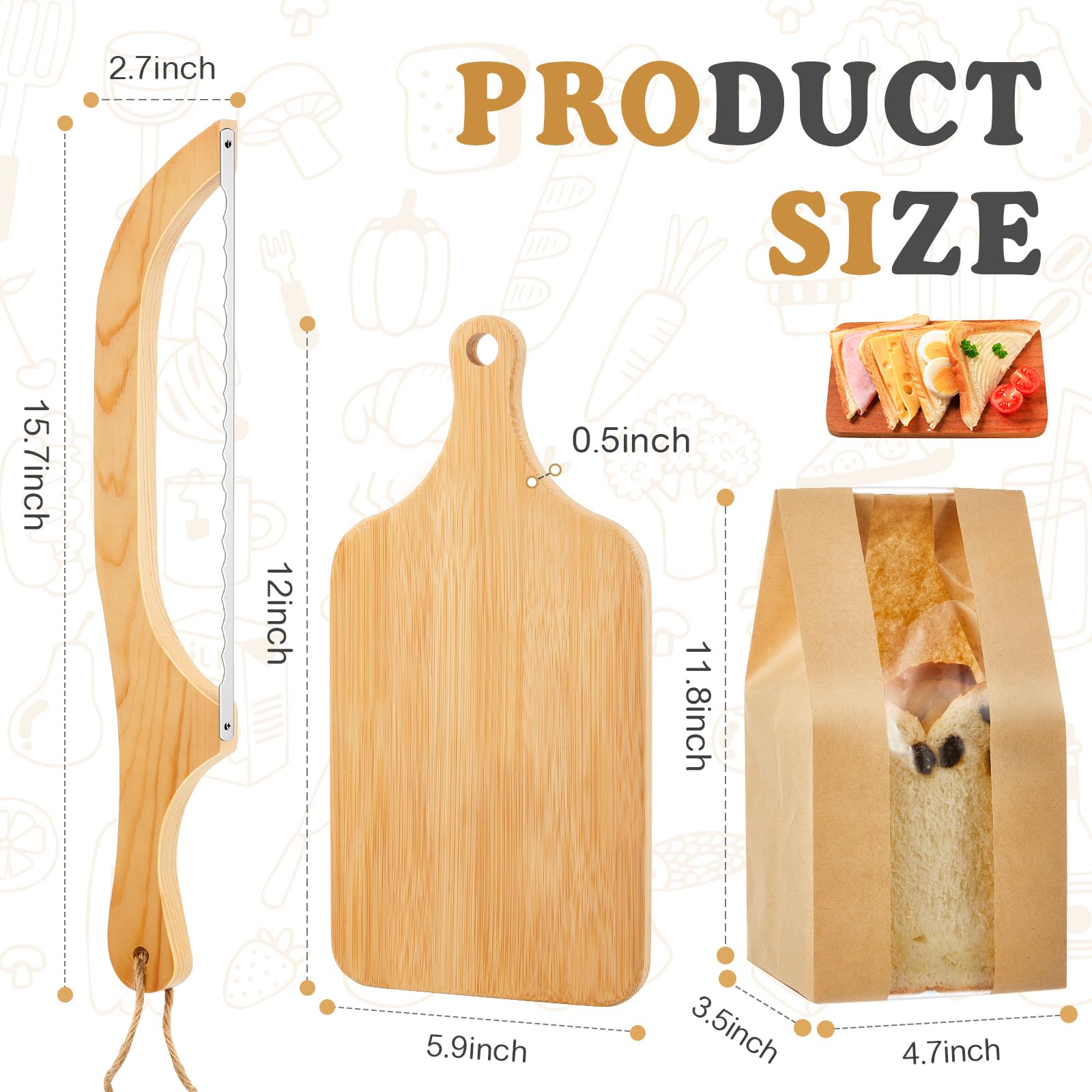 Dandat Wooden Bread Bow Knife 15.7 Inch Serrated Handle Bread Knife With Bread Board And 50 Pcs Paper Bakery Bags, Sourdough Cutter with Linen Storage for Homemade Bagels Kitchen Gift