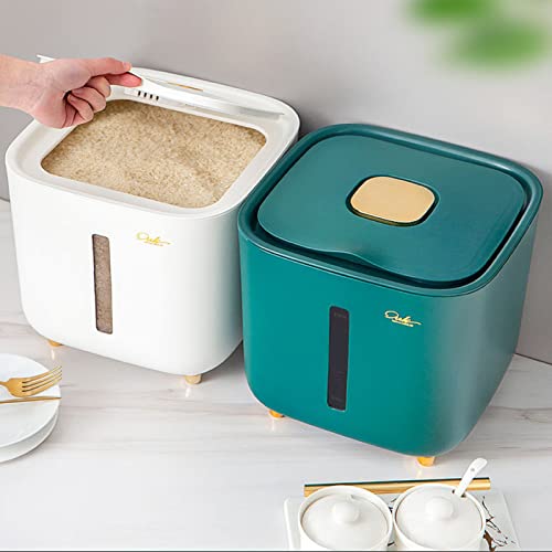 HOMHOLDON 22 Lbs Rice Dispenser, Large Sealed Grain Storage Container with Measuring Cup Food Dispenser Kitchen Organizer Storage bins for Rice,Beans,Grains,Cereal Dry Food,Pet Food(White&Gold)
