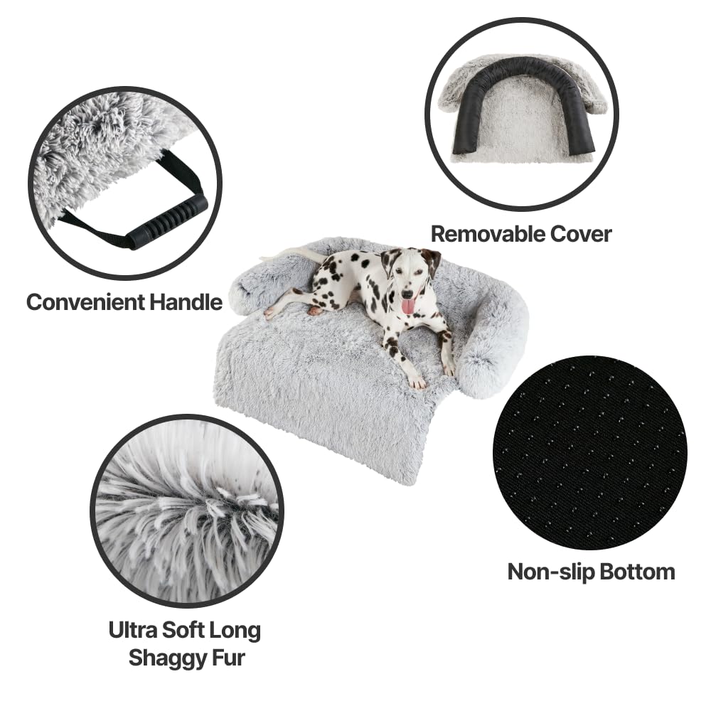 Codi Dog Bed for Couch - Calming Dogs Beds for Medium Pets, Fluffy Plush Cats Mat, Anti Anxiety Pet Mats with Removable Washable Cover Protector for Sofa, Light Grey, 35x31x5 inches