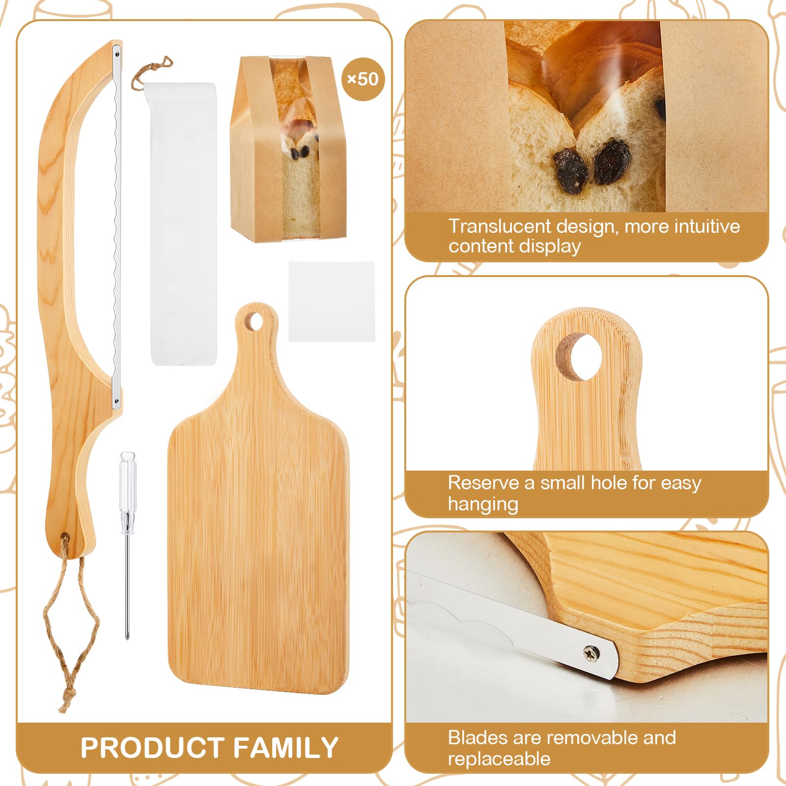 Dandat Wooden Bread Bow Knife 15.7 Inch Serrated Handle Bread Knife With Bread Board And 50 Pcs Paper Bakery Bags, Sourdough Cutter with Linen Storage for Homemade Bagels Kitchen Gift