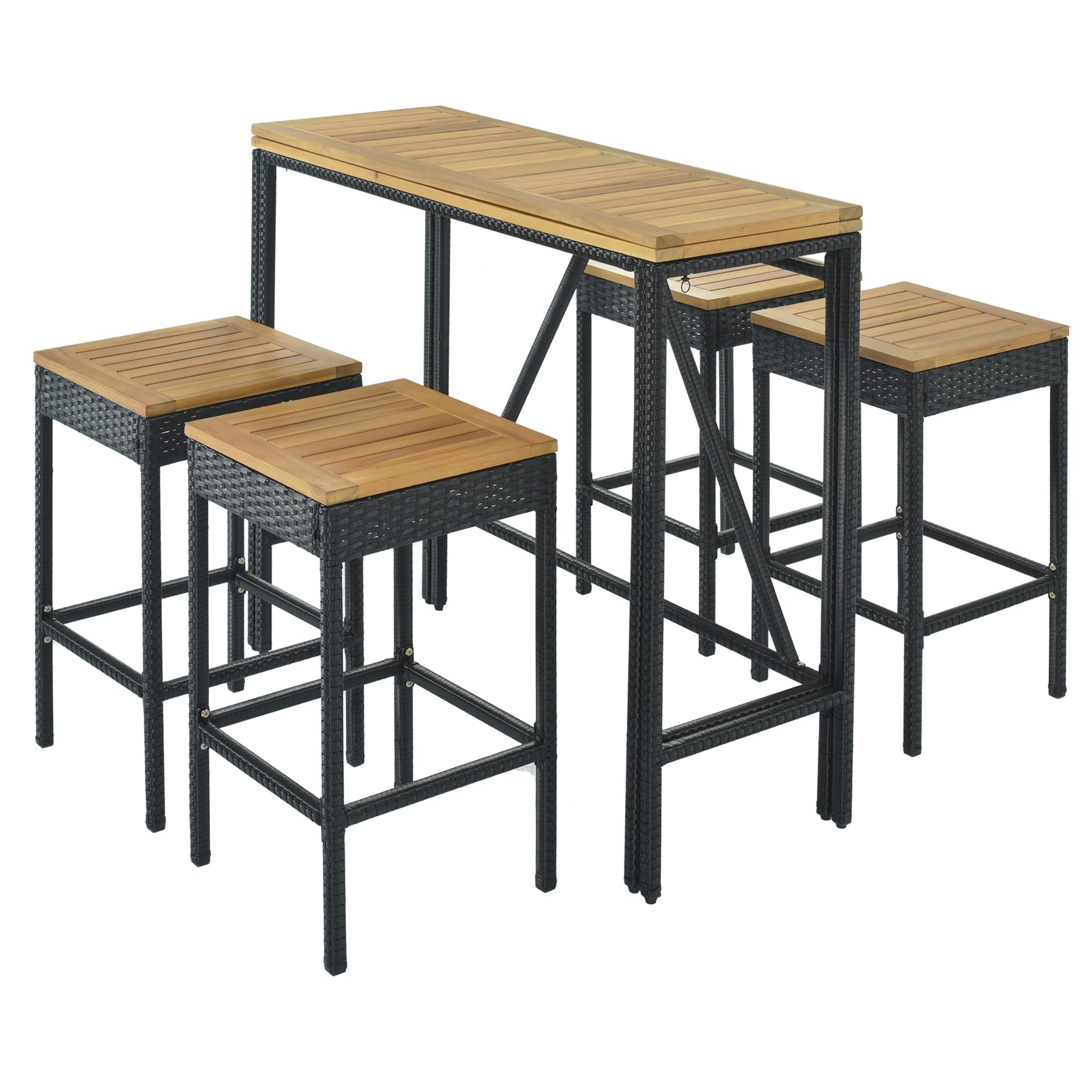 5-Piece Steel Outdoor Patio Wicker Bar Set, Garden PE Rattan Wicker Dining Table, Foldable Tabletop, Acacia Wood Tabletop with 4 Stools and 1 Wood Table. (Brown Wood + Black Wicker#1)